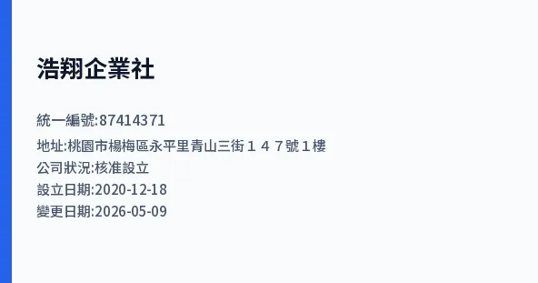 浩翔企業社的照片-統編 87414371(桃園市) 公司登記資料與營業項目詳細圖表