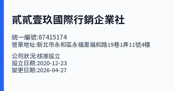 貳貳壹玖國際行銷企業社的照片-統編 87415174(新北市) 公司登記資料與營業項目詳細圖表