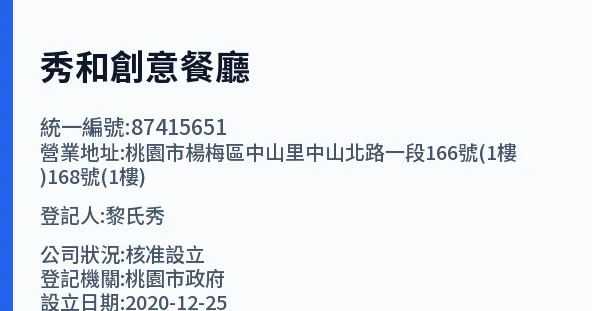 秀和創意餐廳的照片-統編 87415651(桃園市) 公司登記資料與營業項目詳細圖表