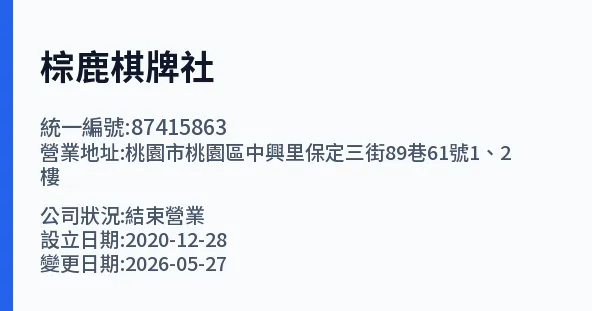 棕鹿棋牌社的照片-統編 87415863(桃園市) 公司登記資料與營業項目詳細圖表