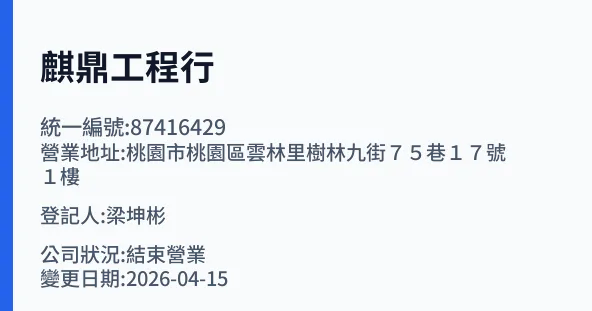 麒鼎工程行的照片-統編 87416429(桃園市) 公司登記資料與營業項目詳細圖表