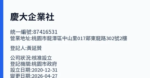 慶大企業社的照片-統編 87416531(桃園市) 公司登記資料與營業項目詳細圖表