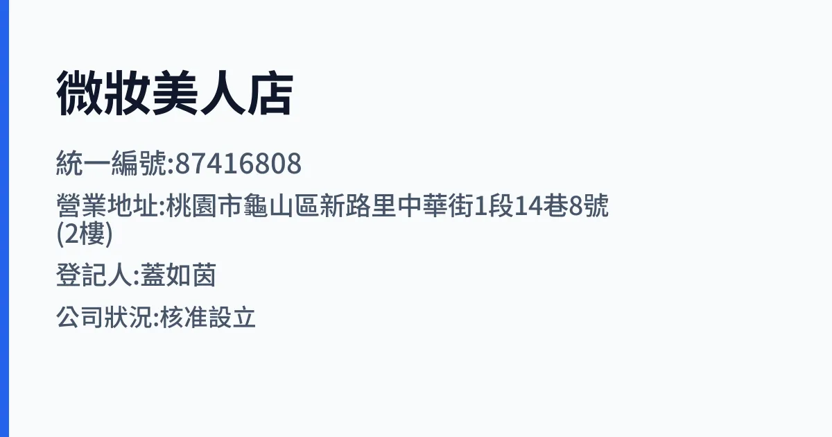 微妝美人店 - 統編 87416808(桃園市) 公司登記資料與營業項目詳細圖表