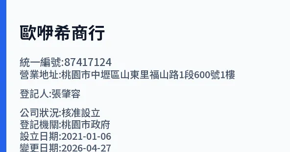 歐咿希商行的照片-統編 87417124(桃園市) 公司登記資料與營業項目詳細圖表