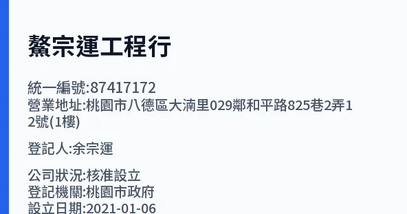 鰲宗運工程行的照片-統編 87417172(桃園市) 公司登記資料與營業項目詳細圖表