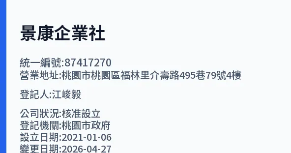 景康企業社的照片-統編 87417270(桃園市) 公司登記資料與營業項目詳細圖表