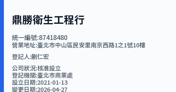 鼎勝衛生工程行的照片-統編 87418480(臺北市) 公司登記資料與營業項目詳細圖表