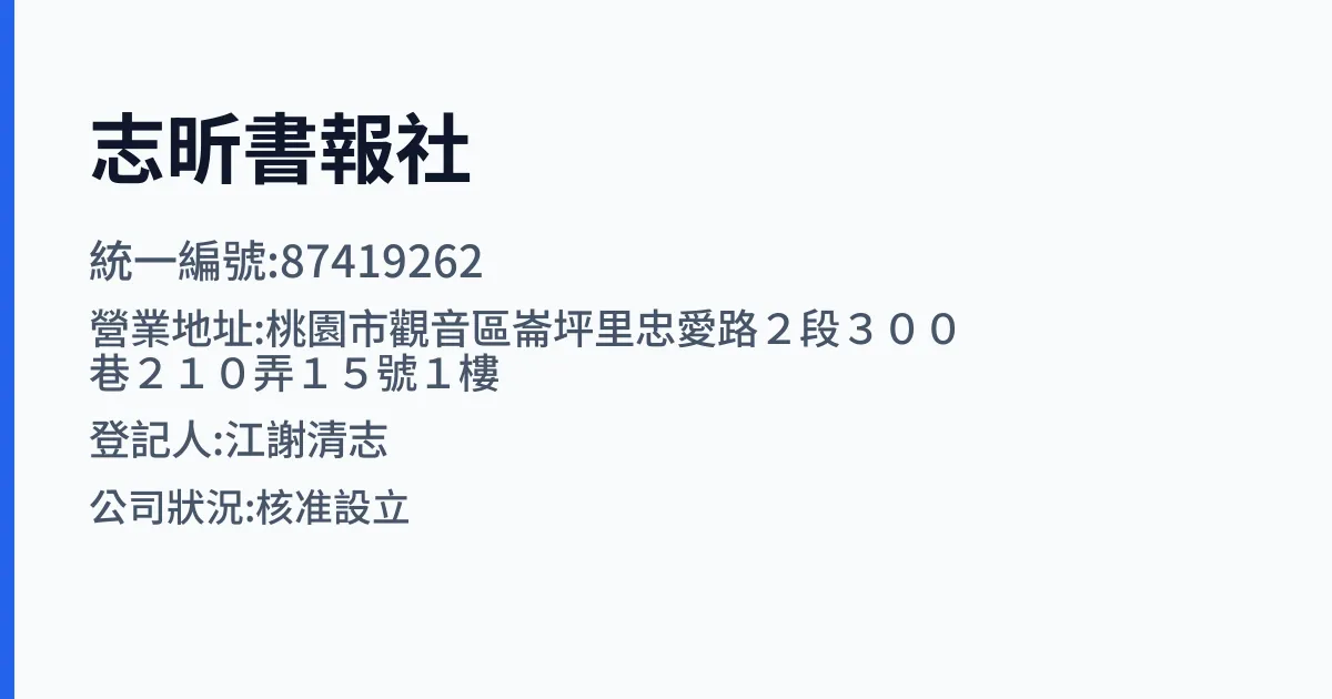志昕書報社 - 統編 87419262(桃園市) 公司登記資料與營業項目詳細圖表