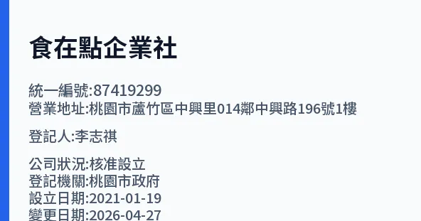 食在點企業社的照片-統編 87419299(桃園市) 公司登記資料與營業項目詳細圖表