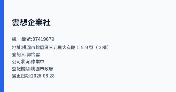 雲想企業社的照片-統編 87419679(桃園市) 公司登記資料與營業項目詳細圖表