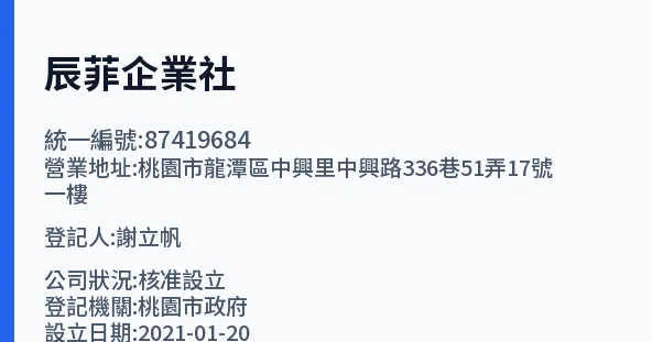 辰菲企業社的照片-統編 87419684(桃園市) 公司登記資料與營業項目詳細圖表