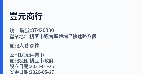 豐元商行的照片-統編 87420330(桃園市) 公司登記資料與營業項目詳細圖表