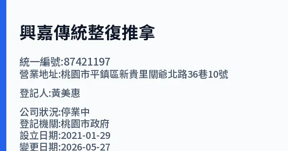 興嘉傳統整復推拿的照片-統編 87421197(桃園市) 公司登記資料與營業項目詳細圖表