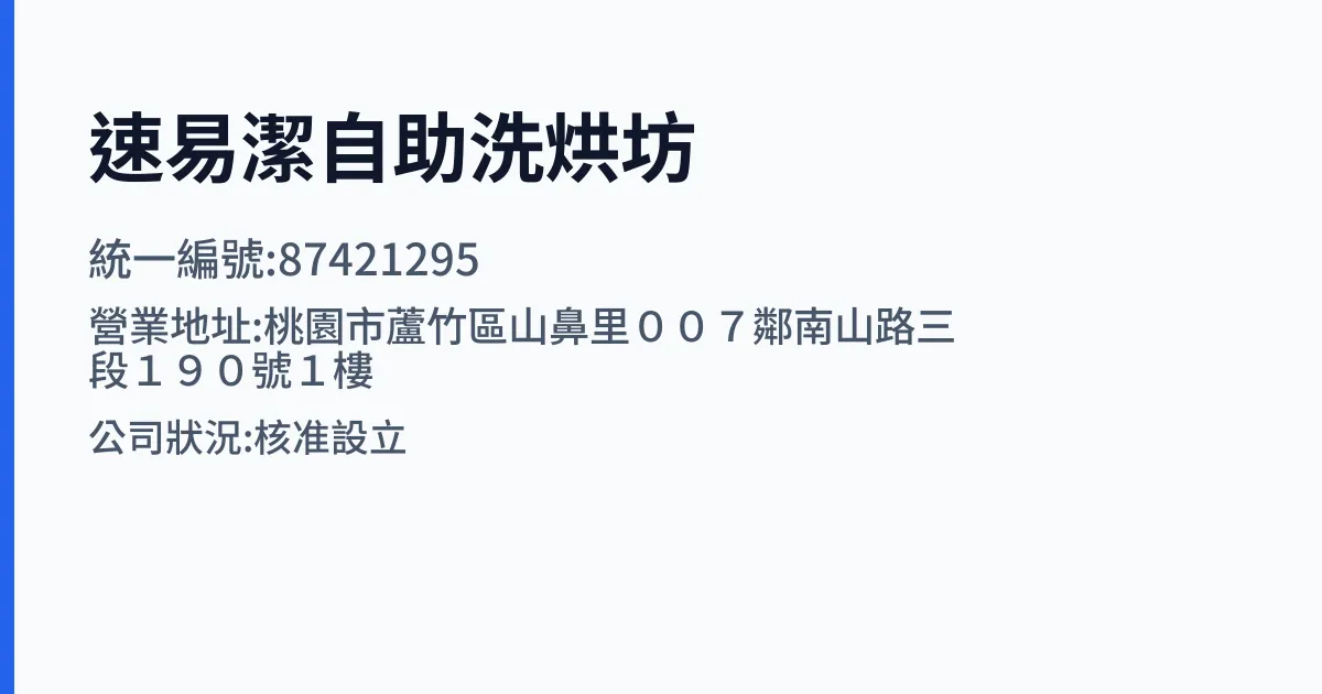 速易潔自助洗烘坊 - 統編 87421295(桃園市) 公司登記資料與營業項目詳細圖表
