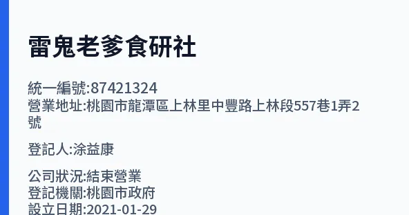 雷鬼老爹食研社的照片-統編 87421324(桃園市) 公司登記資料與營業項目詳細圖表