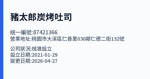 豬太郎炭烤吐司的照片-統編 87421366(桃園市) 公司登記資料與營業項目詳細圖表