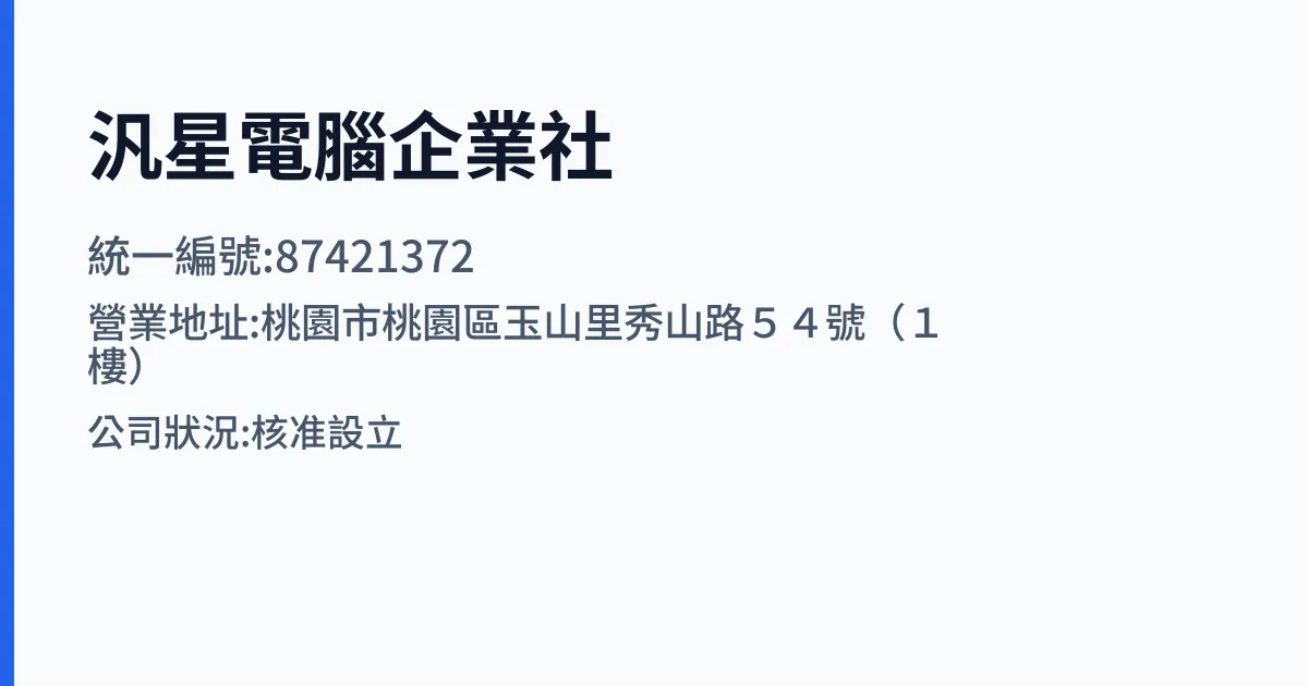 汎星電腦企業社 - 統編 87421372(桃園市) 公司登記資料與營業項目詳細圖表