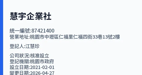 慧宇企業社的照片-統編 87421400(桃園市) 公司登記資料與營業項目詳細圖表
