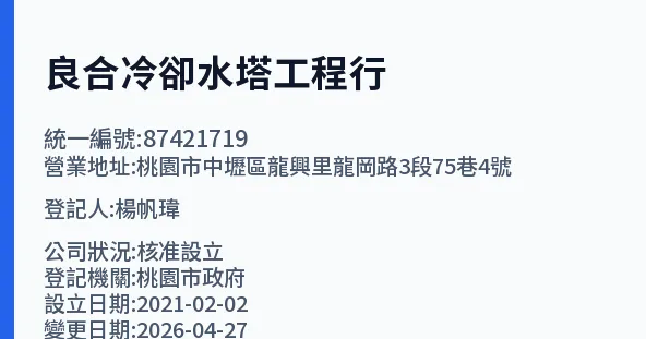 良合冷卻水塔工程行的照片-統編 87421719(桃園市) 公司登記資料與營業項目詳細圖表