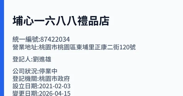 埔心一六八八禮品店的照片-統編 87422034(桃園市) 公司登記資料與營業項目詳細圖表