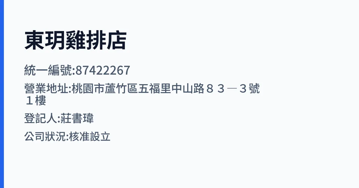 東玥雞排店 - 統編 87422267(桃園市) 公司登記資料與營業項目詳細圖表