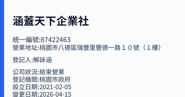 涵蓋天下企業社的照片-統編 87422463(桃園市) 公司登記資料與營業項目詳細圖表