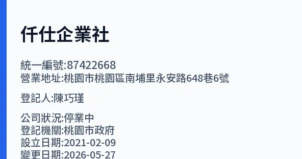 仟仕企業社的照片-統編 87422668(桃園市) 公司登記資料與營業項目詳細圖表