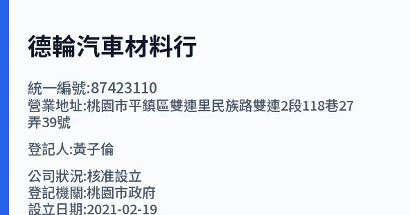 德輪汽車材料行的照片-統編 87423110(桃園市) 公司登記資料與營業項目詳細圖表