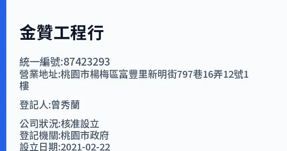 金贊工程行的照片-統編 87423293(桃園市) 公司登記資料與營業項目詳細圖表