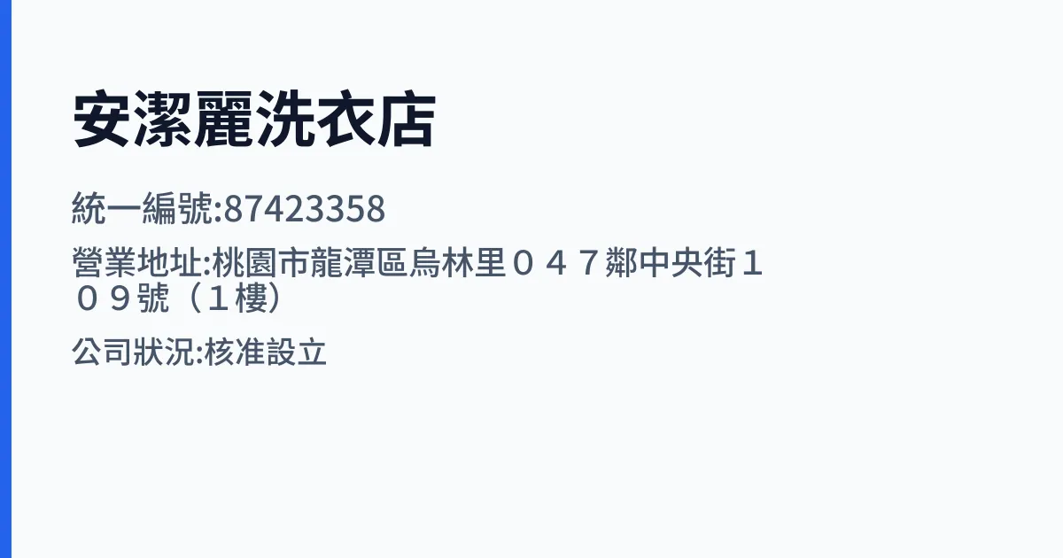 安潔麗洗衣店 - 統編 87423358(桃園市) 公司登記資料與營業項目詳細圖表