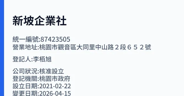 新坡企業社的照片-統編 87423505(桃園市) 公司登記資料與營業項目詳細圖表