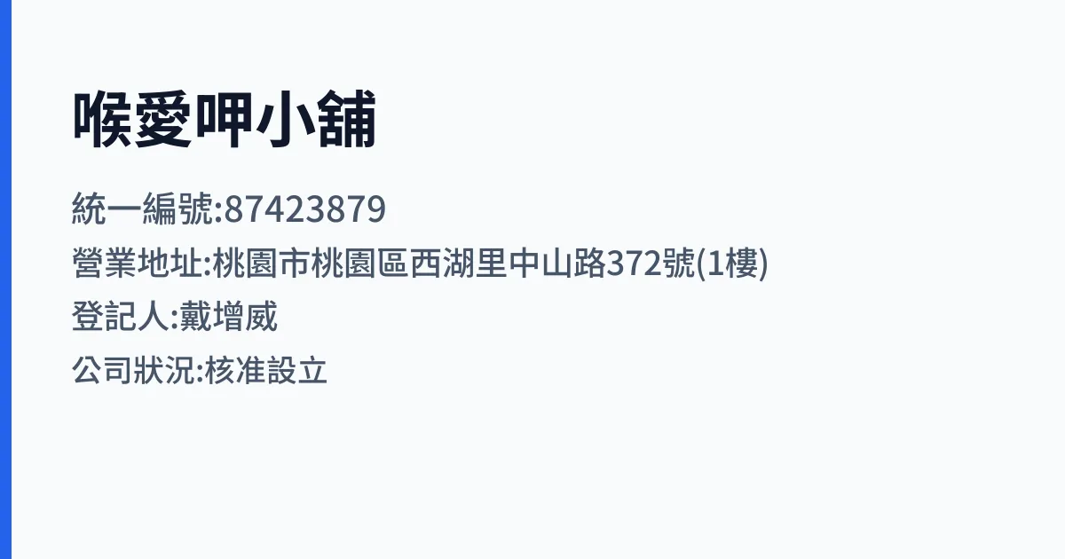 喉愛呷小舖 - 統編 87423879(桃園市) 公司登記資料與營業項目詳細圖表