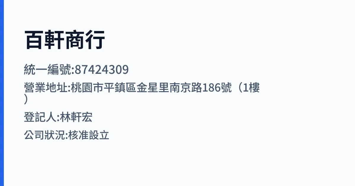 百軒商行 - 統編 87424309(桃園市) 公司登記資料與營業項目詳細圖表