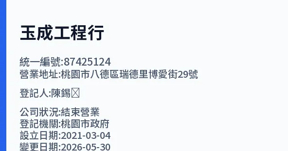 玉成工程行的照片-統編 87425124(桃園市) 公司登記資料與營業項目詳細圖表