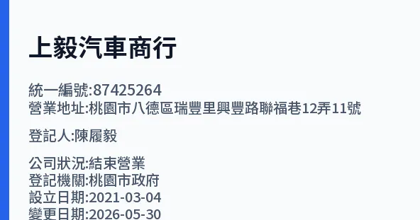 上毅汽車商行的照片-統編 87425264(桃園市) 公司登記資料與營業項目詳細圖表