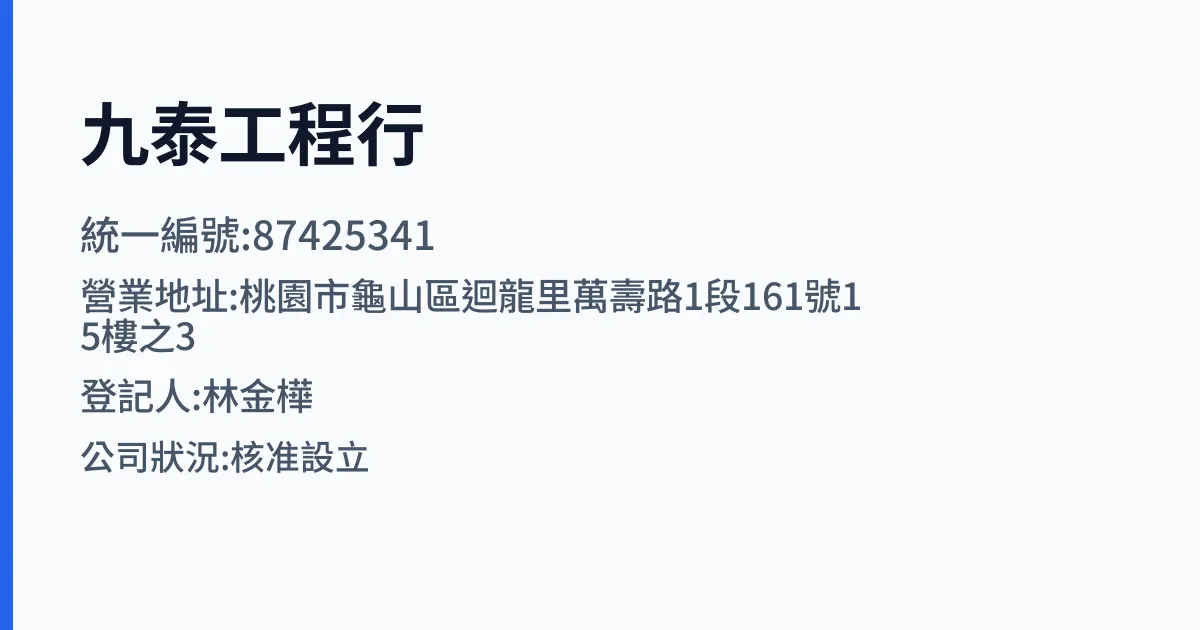 九泰工程行 - 統編 87425341(桃園市) 公司登記資料與營業項目詳細圖表
