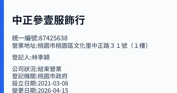 中正參壹服飾行的照片-統編 87425638(桃園市) 公司登記資料與營業項目詳細圖表