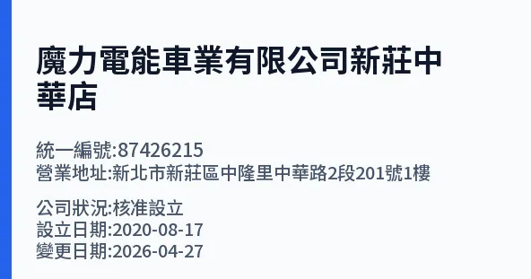 魔力電能車業有限公司新莊中華店的照片-統編 87426215(新北市) 公司登記資料與營業項目詳細圖表