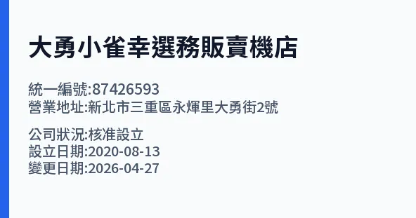 大勇小雀幸選務販賣機店的照片-統編 87426593(新北市) 公司登記資料與營業項目詳細圖表