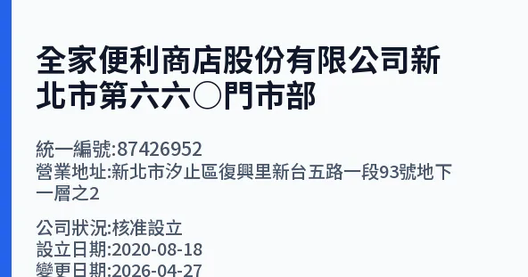 全家便利商店股份有限公司新北市第六六○門市部的照片-統編 87426952(新北市) 公司登記資料與營業項目詳細圖表