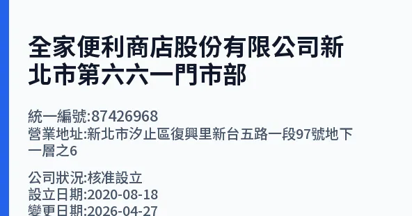 全家便利商店股份有限公司新北市第六六一門市部的照片-統編 87426968(新北市) 公司登記資料與營業項目詳細圖表