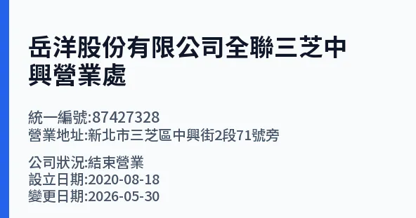 岳洋股份有限公司全聯三芝中興營業處的照片-統編 87427328(新北市) 公司登記資料與營業項目詳細圖表