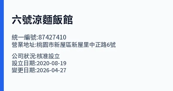 六號涼麵飯館的照片-統編 87427410(桃園市) 公司登記資料與營業項目詳細圖表