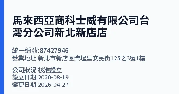 馬來西亞商科士威有限公司台灣分公司新北新店店的照片-統編 87427946(新北市) 公司登記資料與營業項目詳細圖表