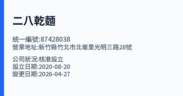 二八乾麵的照片-統編 87428038(新竹縣) 公司登記資料與營業項目詳細圖表