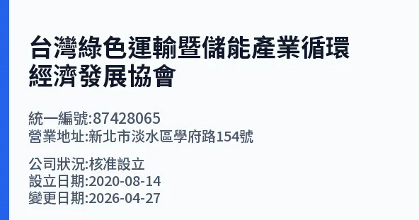 台灣綠色運輸暨儲能產業循環經濟發展協會的照片-統編 87428065(新北市) 公司登記資料與營業項目詳細圖表