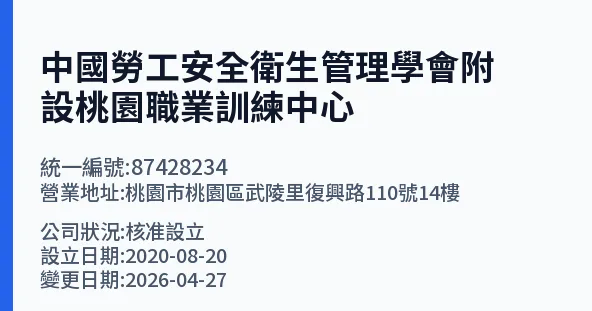 中國勞工安全衛生管理學會附設桃園職業訓練中心的照片-統編 87428234(桃園市) 公司登記資料與營業項目詳細圖表