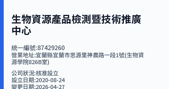 生物資源產品檢測暨技術推廣中心的照片-統編 87429260(宜蘭縣) 公司登記資料與營業項目詳細圖表