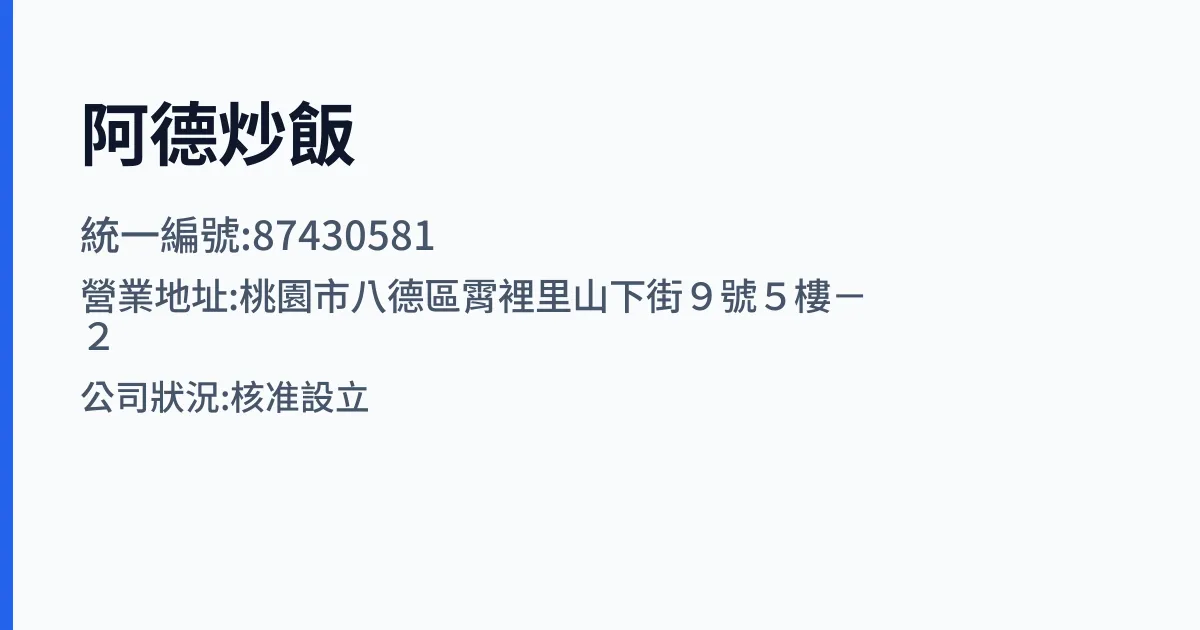 阿德炒飯 - 統編 87430581(桃園市) 公司登記資料與營業項目詳細圖表