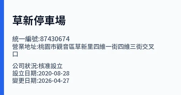 草新停車場的照片-統編 87430674(桃園市) 公司登記資料與營業項目詳細圖表